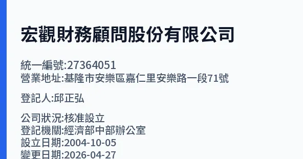 宏觀財務顧問股份有限公司的照片-統編 27364051(基隆市) 公司登記資料與營業項目詳細圖表