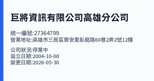 巨將資訊有限公司高雄分公司的照片-統編 27364799(高雄市) 公司登記資料與營業項目詳細圖表