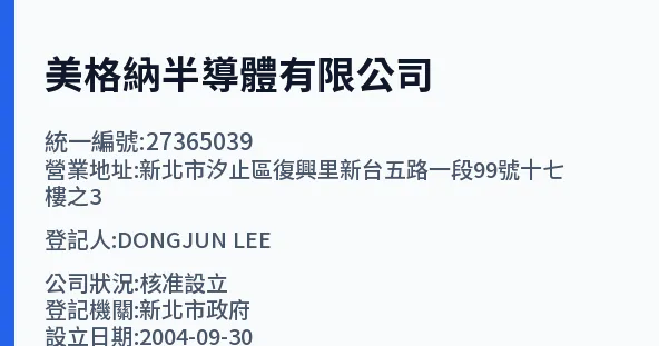 美格納半導體有限公司的照片-統編 27365039(新北市) 公司登記資料與營業項目詳細圖表