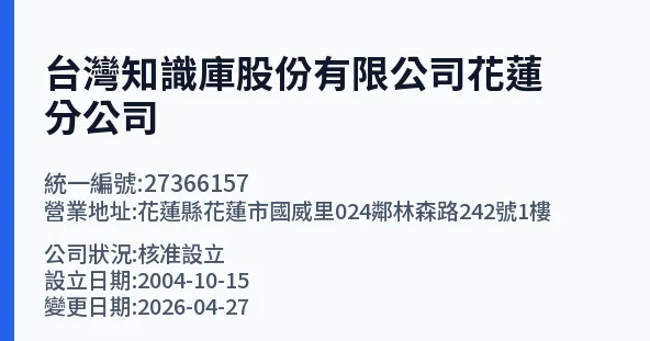 台灣知識庫股份有限公司花蓮分公司的照片-統編 27366157(花蓮縣) 公司登記資料與營業項目詳細圖表