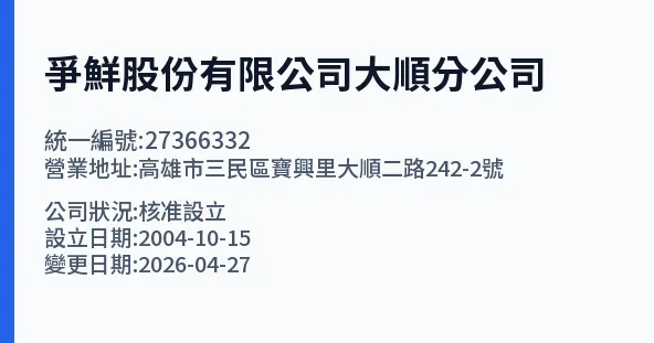 爭鮮股份有限公司大順分公司的照片-統編 27366332(高雄市) 公司登記資料與營業項目詳細圖表