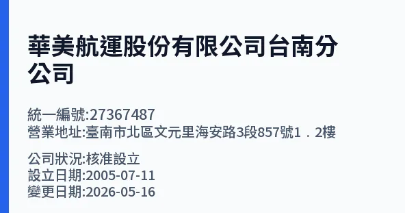 華美航運股份有限公司台南分公司的照片-統編 27367487(臺南市) 公司登記資料與營業項目詳細圖表