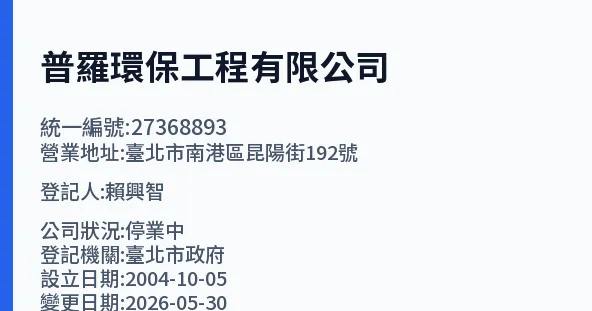 普羅環保工程有限公司的照片-統編 27368893(臺北市) 公司登記資料與營業項目詳細圖表