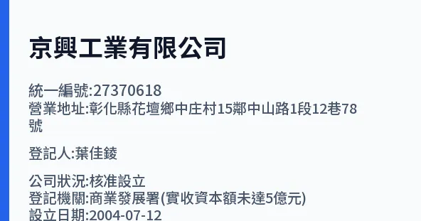 京興工業有限公司的照片-統編 27370618(彰化縣) 公司登記資料與營業項目詳細圖表