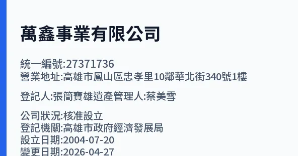 萬鑫事業有限公司的照片-統編 27371736(高雄市) 公司登記資料與營業項目詳細圖表