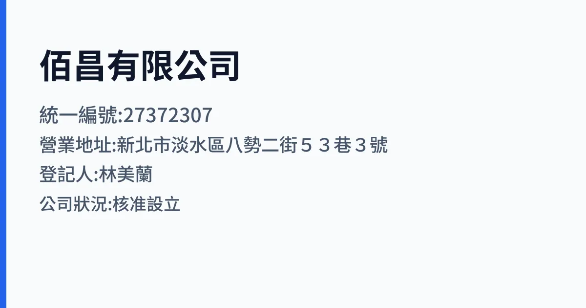 佰昌有限公司 - 統編 27372307(新北市) 公司登記資料與營業項目詳細圖表