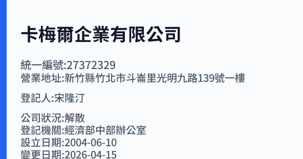卡梅爾企業有限公司的照片-統編 27372329(新竹縣) 公司登記資料與營業項目詳細圖表
