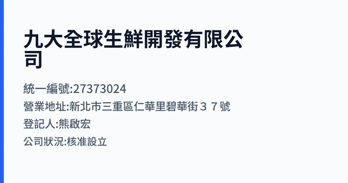 九大全球生鮮開發有限公司 - 統編 27373024(新北市) 公司登記資料與營業項目詳細圖表
