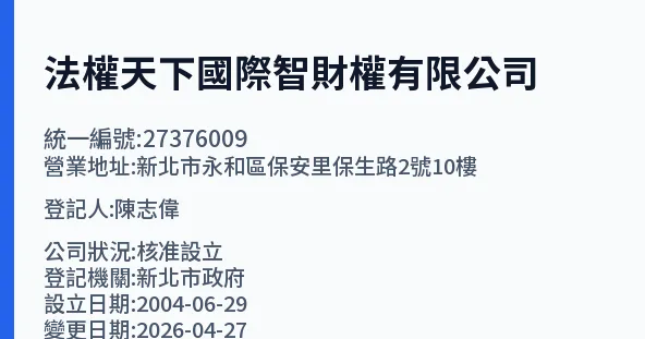 法權天下國際智財權有限公司的照片-統編 27376009(新北市) 公司登記資料與營業項目詳細圖表