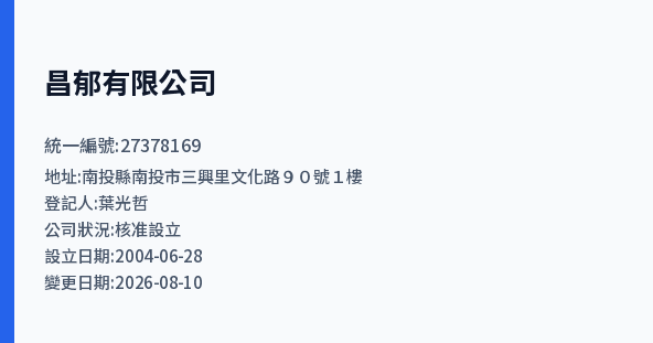 昌郁有限公司的照片-統編 27378169(南投縣) 公司登記資料與營業項目詳細圖表