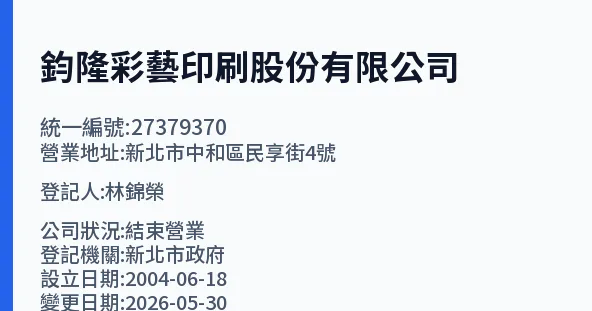 鈞隆彩藝印刷股份有限公司的照片-統編 27379370(新北市) 公司登記資料與營業項目詳細圖表