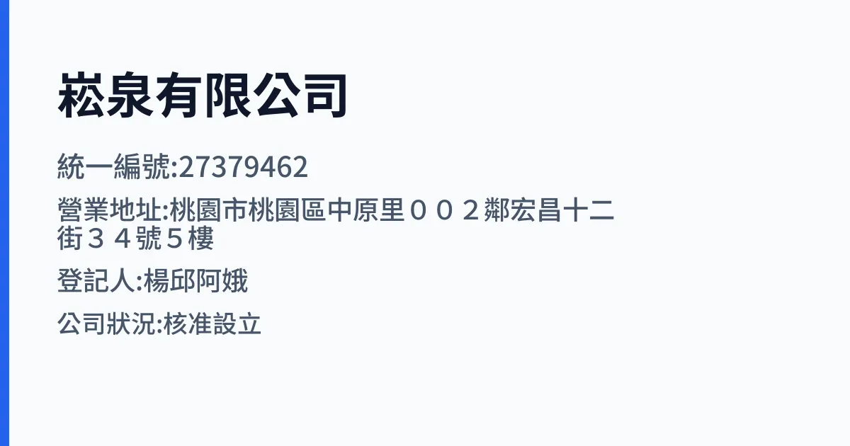崧泉有限公司 - 統編 27379462(桃園市) 公司登記資料與營業項目詳細圖表