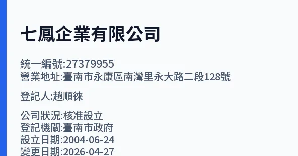 七鳳企業有限公司的照片-統編 27379955(臺南市) 公司登記資料與營業項目詳細圖表