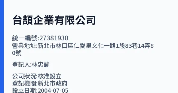 台頡企業有限公司的照片-統編 27381930(新北市) 公司登記資料與營業項目詳細圖表