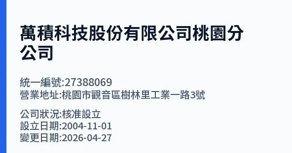 萬積科技股份有限公司桃園分公司的照片-統編 27388069(桃園市) 公司登記資料與營業項目詳細圖表