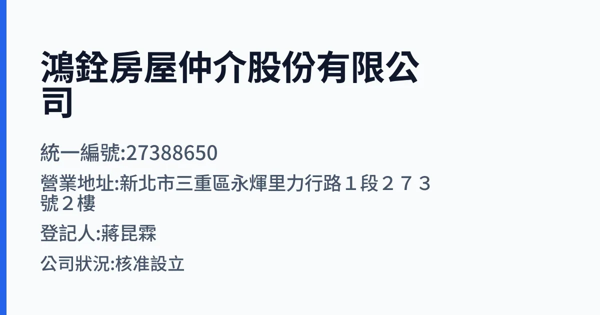 鴻銓房屋仲介股份有限公司 - 統編 27388650(新北市) 公司登記資料與營業項目詳細圖表