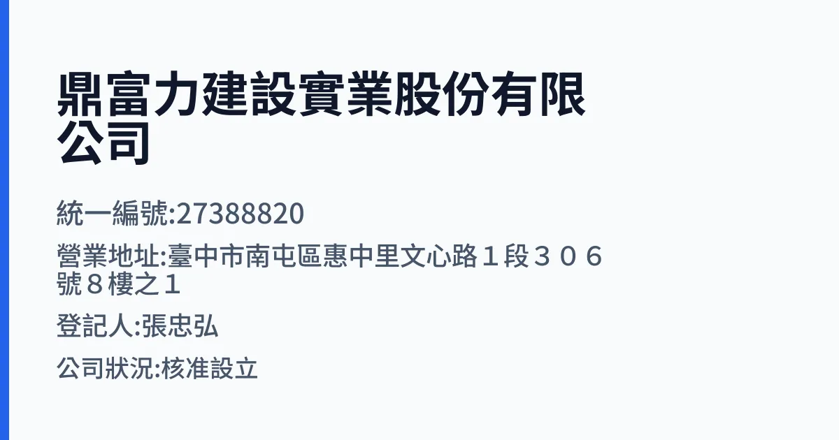 鼎富力建設實業股份有限公司 - 統編 27388820(臺中市) 公司登記資料與營業項目詳細圖表