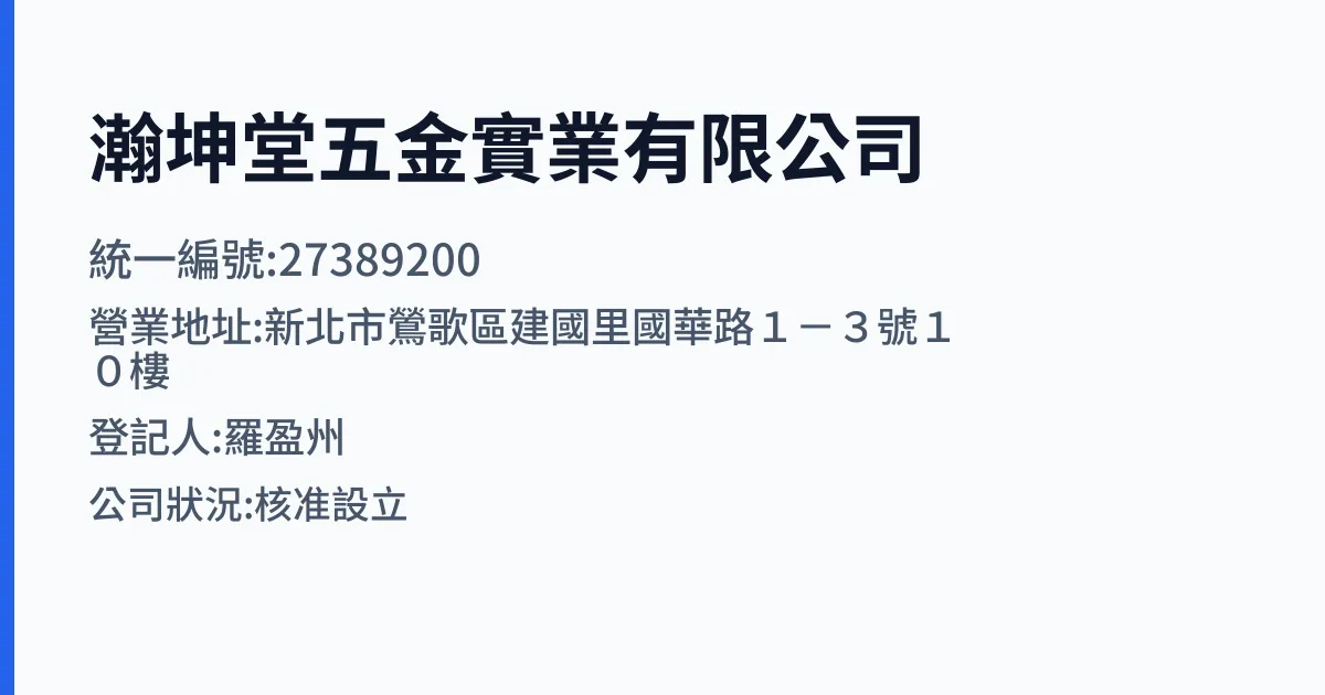 瀚坤堂五金實業有限公司 - 統編 27389200(新北市) 公司登記資料與營業項目詳細圖表