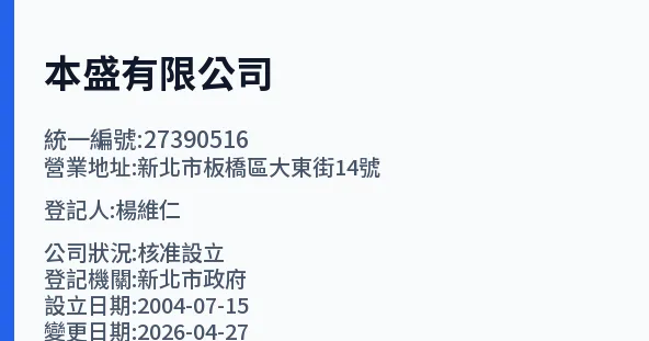 本盛有限公司的照片-統編 27390516(新北市) 公司登記資料與營業項目詳細圖表
