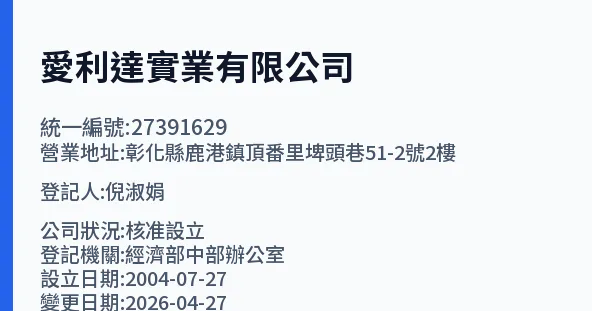 愛利達實業有限公司的照片-統編 27391629(彰化縣) 公司登記資料與營業項目詳細圖表