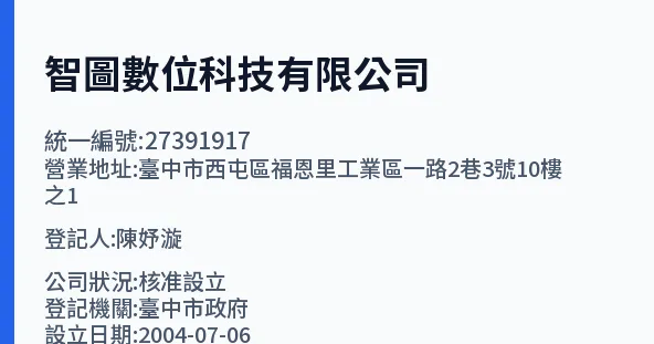 智圖數位科技有限公司的照片-統編 27391917(臺中市) 公司登記資料與營業項目詳細圖表