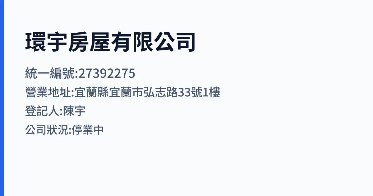 環宇房屋有限公司 - 統編 27392275(宜蘭縣) 公司登記資料與營業項目詳細圖表