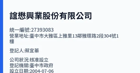 誼懋興業股份有限公司的照片-統編 27393083(臺中市) 公司登記資料與營業項目詳細圖表