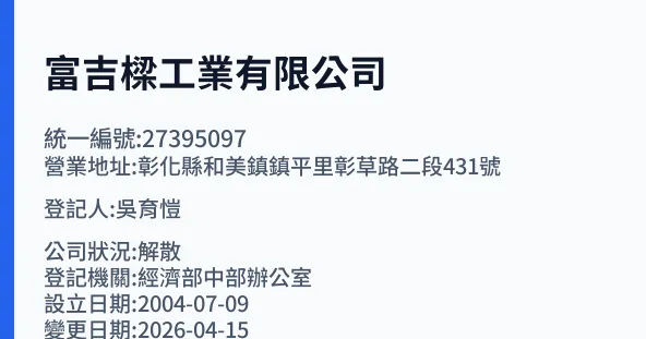 富吉樑工業有限公司的照片-統編 27395097(彰化縣) 公司登記資料與營業項目詳細圖表