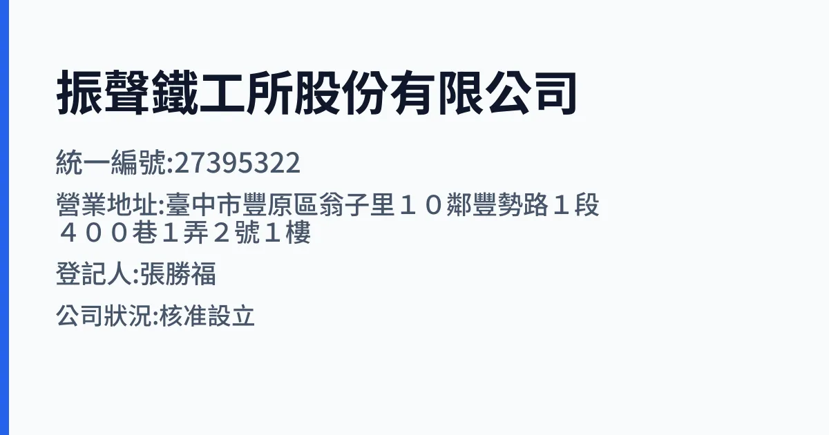 振聲鐵工所股份有限公司 - 統編 27395322（臺中市） 公司登記資料與營業項目詳細圖表