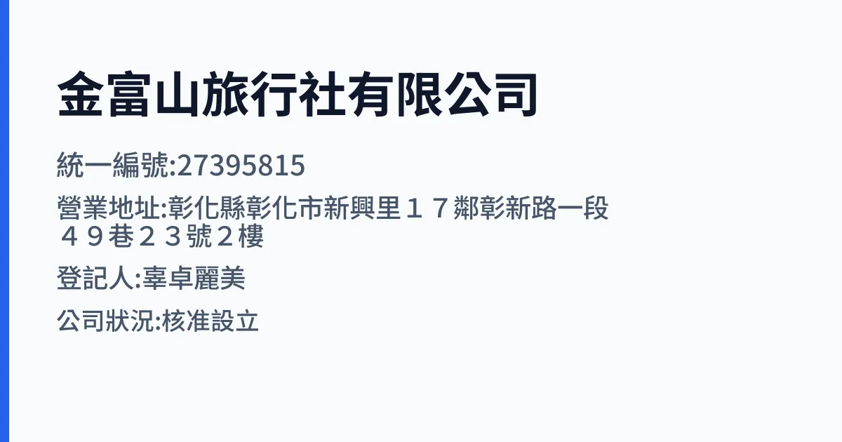 金富山旅行社有限公司 - 統編 27395815(彰化縣) 公司登記資料與營業項目詳細圖表