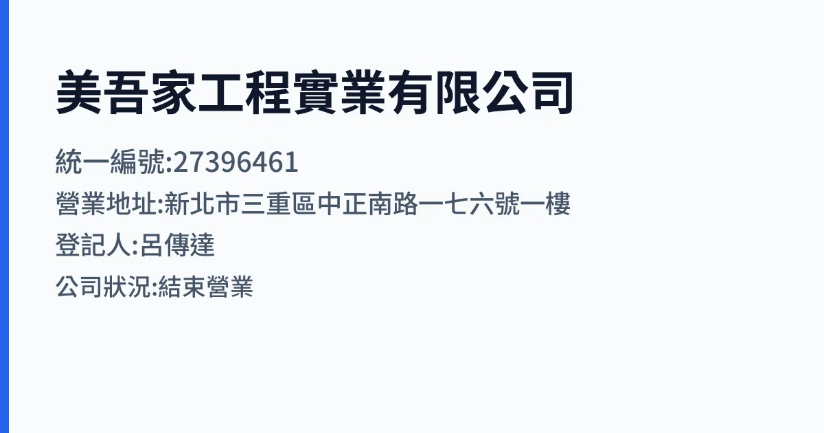 美吾家工程實業有限公司 - 統編 27396461(新北市) 公司登記資料與營業項目詳細圖表