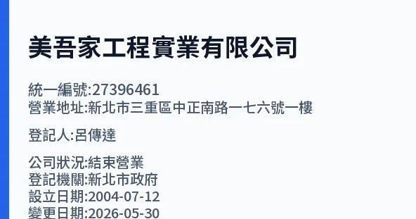 美吾家工程實業有限公司的照片-統編 27396461(新北市) 公司登記資料與營業項目詳細圖表