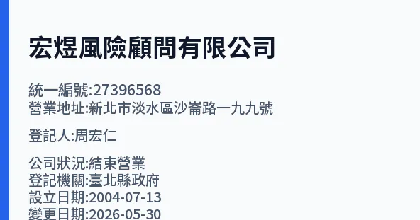 宏煜風險顧問有限公司的照片-統編 27396568(新北市) 公司登記資料與營業項目詳細圖表
