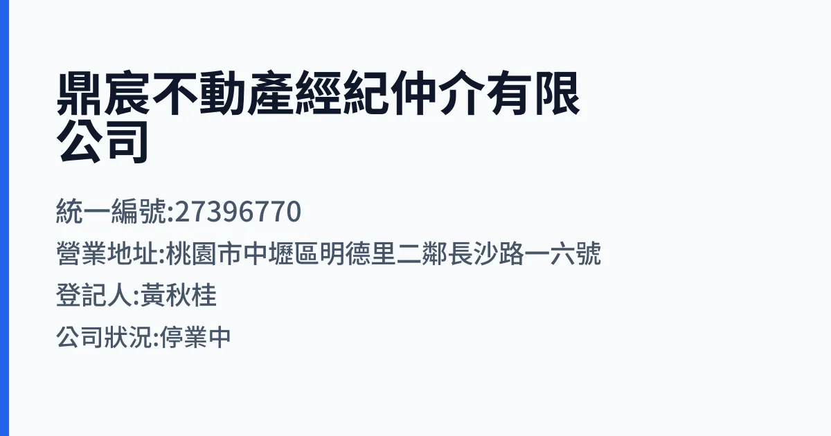 鼎宸不動產經紀仲介有限公司 - 統編 27396770(桃園市) 公司登記資料與營業項目詳細圖表