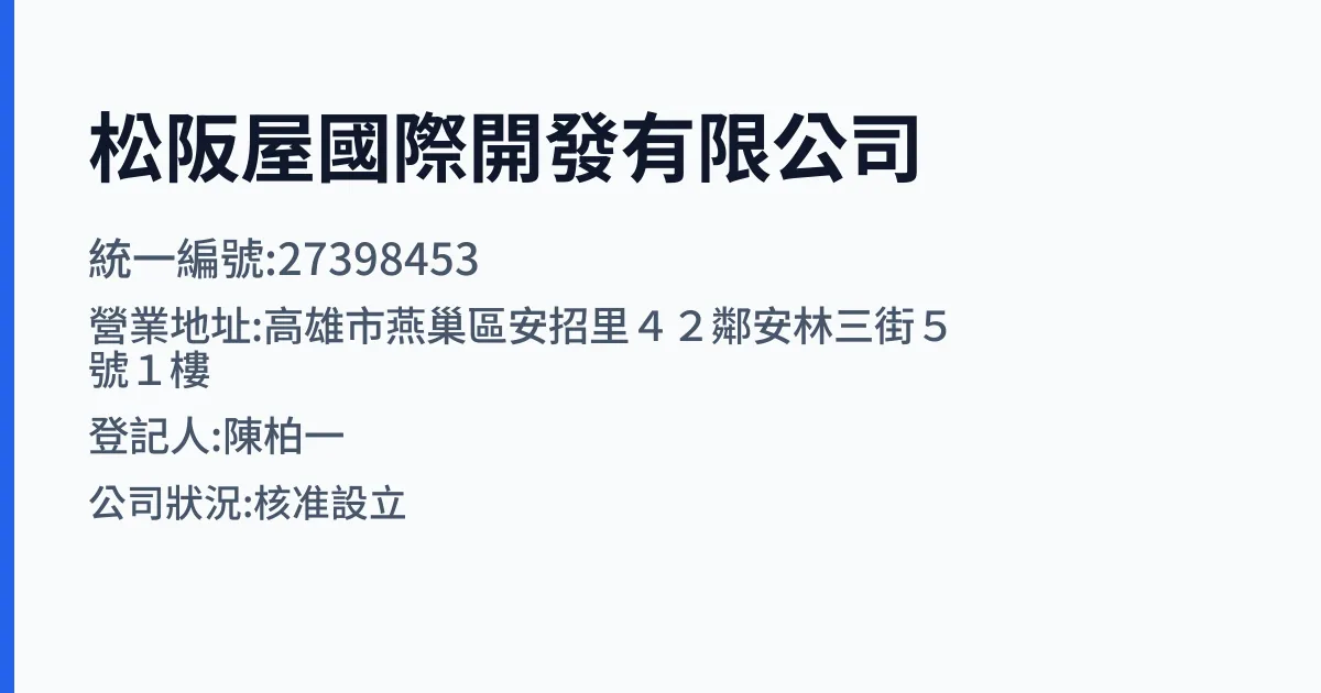 松阪屋國際開發有限公司 - 統編 27398453(高雄市) 公司登記資料與營業項目詳細圖表