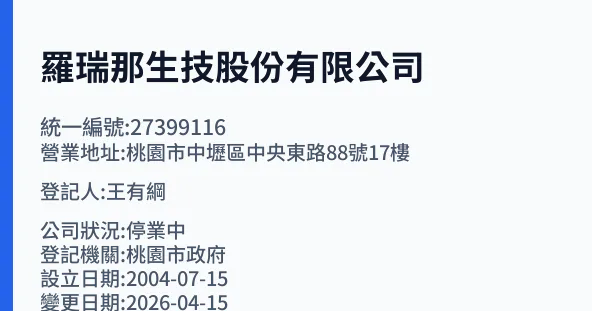 羅瑞那生技股份有限公司的照片-統編 27399116(桃園市) 公司登記資料與營業項目詳細圖表
