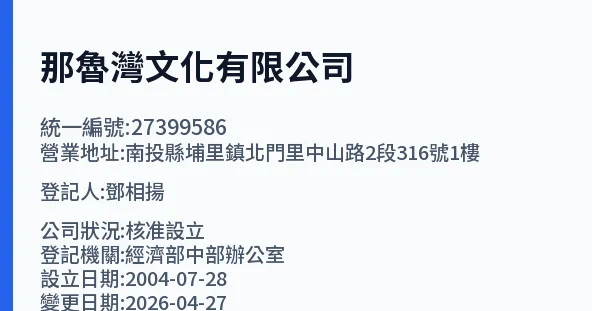 那魯灣文化有限公司的照片-統編 27399586(南投縣) 公司登記資料與營業項目詳細圖表