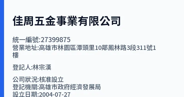 佳周五金事業有限公司的照片-統編 27399875(高雄市) 公司登記資料與營業項目詳細圖表