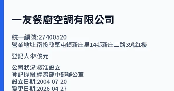 一友餐廚空調有限公司的照片-統編 27400520(南投縣) 公司登記資料與營業項目詳細圖表