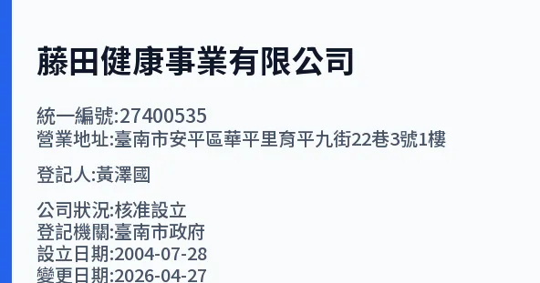 藤田健康事業有限公司的照片-統編 27400535(臺南市) 公司登記資料與營業項目詳細圖表