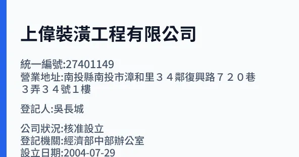 上偉裝潢工程有限公司的照片-統編 27401149(南投縣) 公司登記資料與營業項目詳細圖表