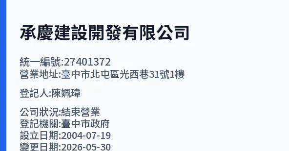 承慶建設開發有限公司的照片-統編 27401372(臺中市) 公司登記資料與營業項目詳細圖表