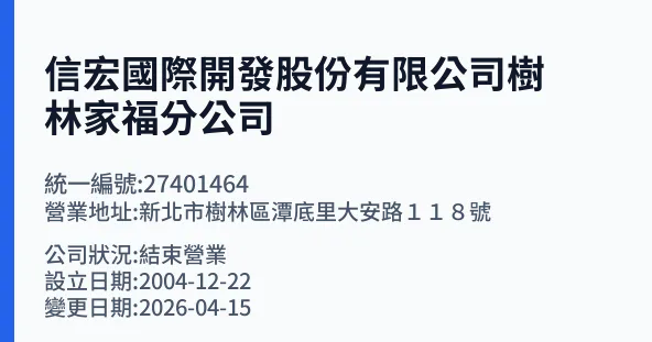 信宏國際開發股份有限公司樹林家福分公司的照片-統編 27401464(新北市) 公司登記資料與營業項目詳細圖表