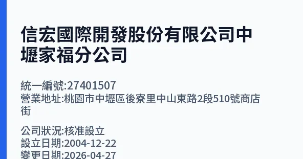 信宏國際開發股份有限公司中壢家福分公司的照片-統編 27401507(桃園市) 公司登記資料與營業項目詳細圖表