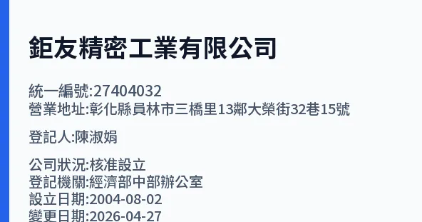 鉅友精密工業有限公司的照片-統編 27404032(彰化縣) 公司登記資料與營業項目詳細圖表