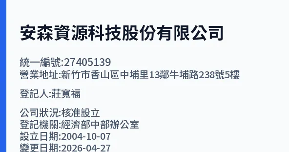 安森資源科技股份有限公司的照片-統編 27405139(新竹市) 公司登記資料與營業項目詳細圖表