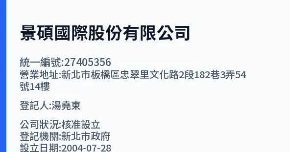 景碩國際股份有限公司的照片-統編 27405356(新北市) 公司登記資料與營業項目詳細圖表