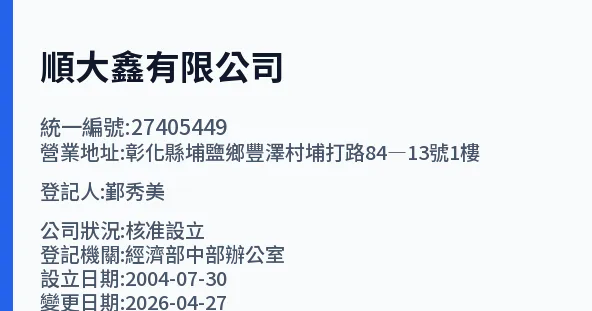 順大鑫有限公司的照片-統編 27405449(彰化縣) 公司登記資料與營業項目詳細圖表