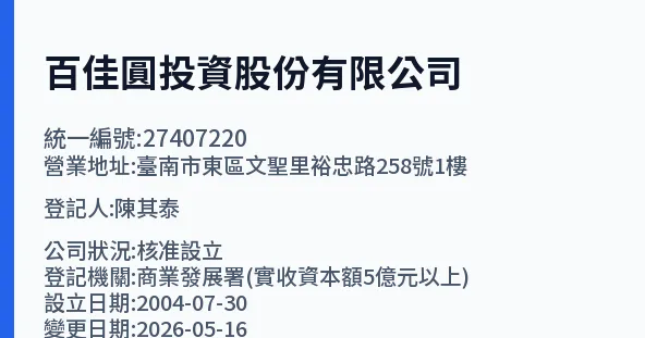 百佳圓投資股份有限公司的照片-統編 27407220(臺南市) 公司登記資料與營業項目詳細圖表