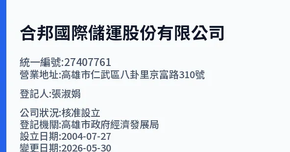 合邦國際儲運股份有限公司的照片-統編 27407761(高雄市) 公司登記資料與營業項目詳細圖表